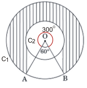 In the given figure, two concentric circles with centre O have radii 21 cm and 42 cm. If , find ...
