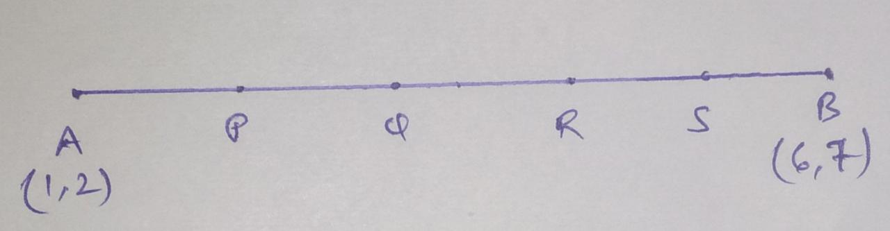 Points P, Q, R and S divide the line segment joining the points A(l, 2) and B(6, 7) in 5 equal ...